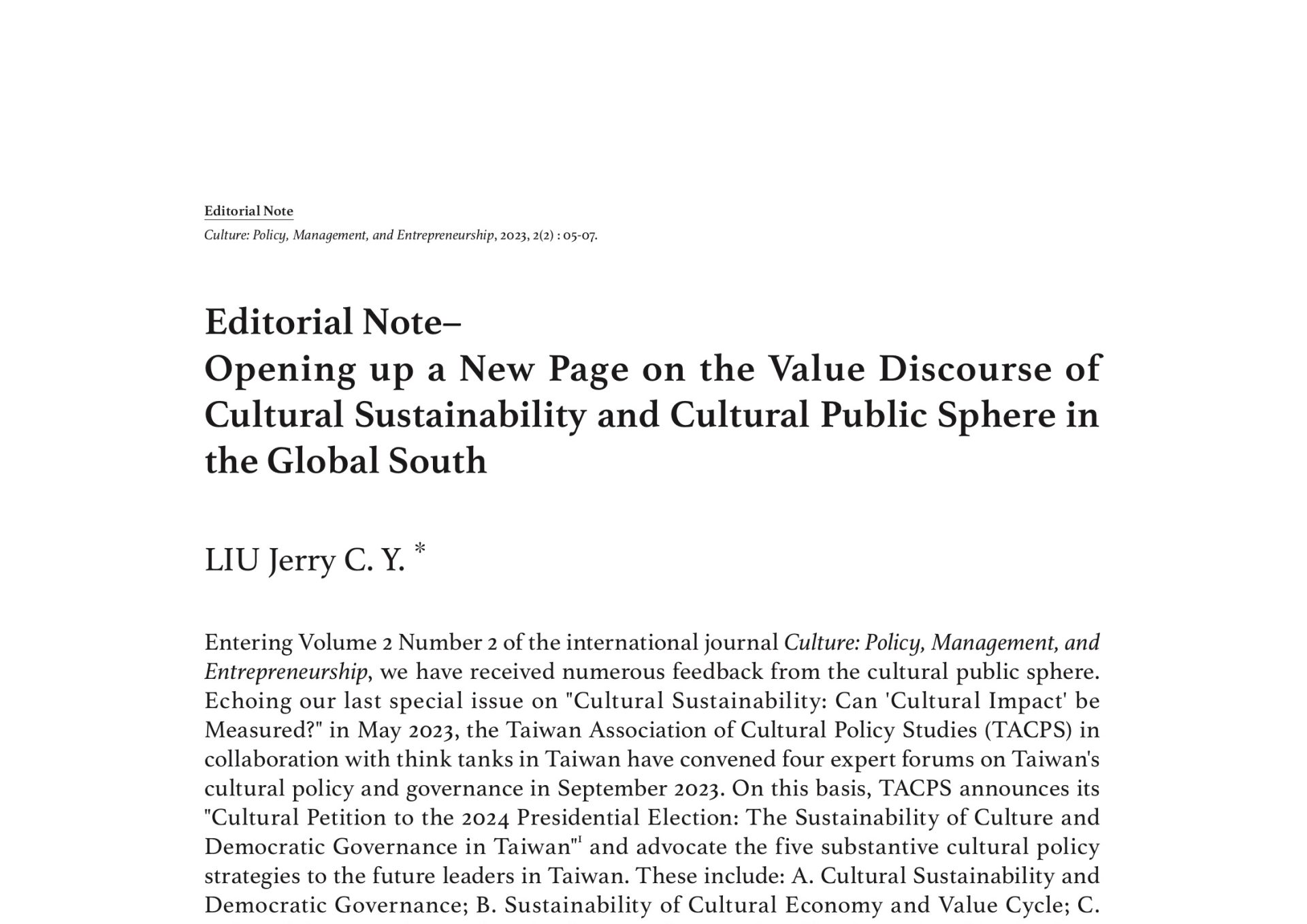 Editorial Note 彙整 - 臺灣文化政策研究學會｜Taiwan Association of Cultural Policy ...